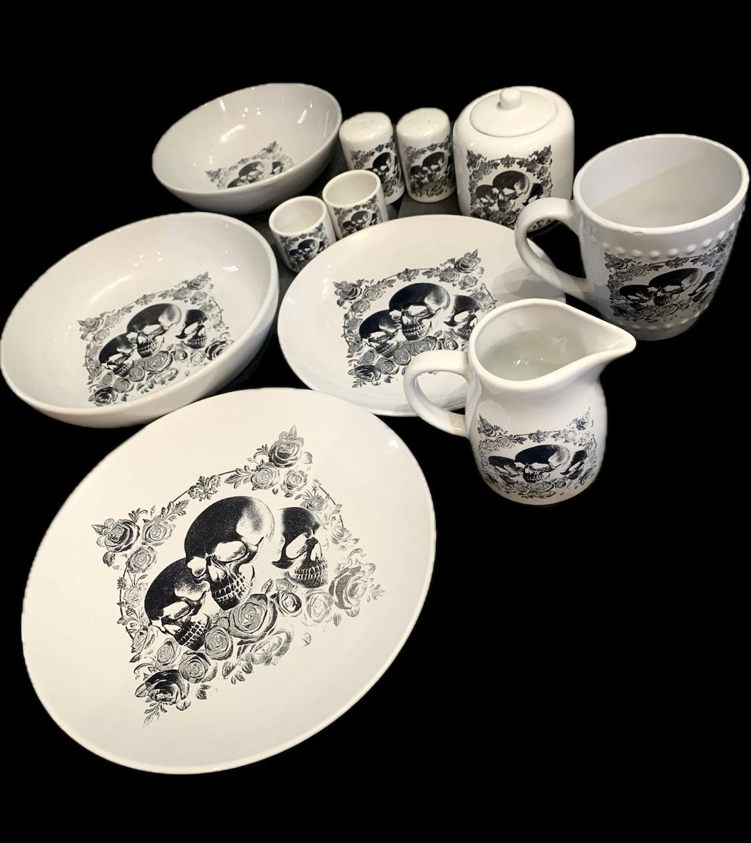 WHITE Deluxe SKULL & ROSE Engraved, Dinnerware, Etched Bowls, Pasta ...