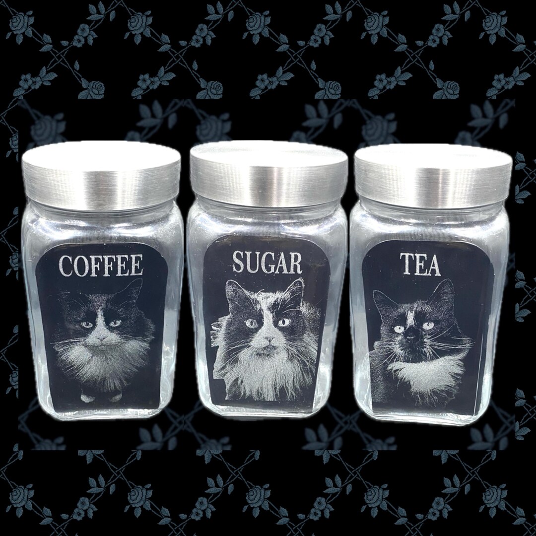 ENGRAVED JAR SET Photo Pet Tea, Coffee, Sugar, Biscuit, Box, Canister ...