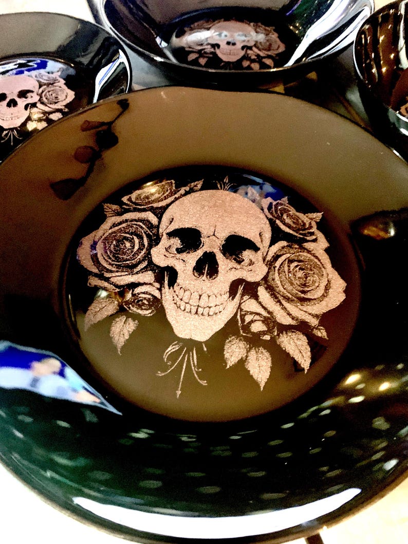 Gothic SKULL & ROSE Engraved BLACK, Dinnerware, Etched Bowls, Pasta ...