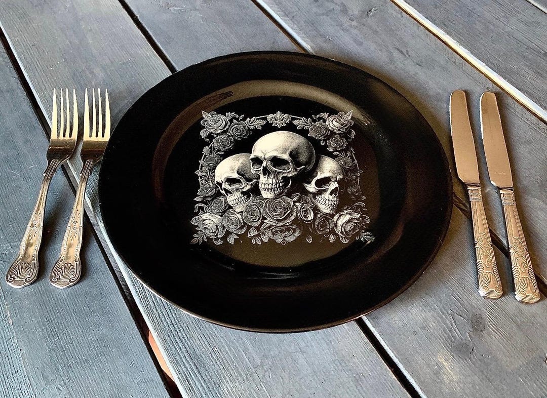 Deluxe SKULL & ROSE Engraved BLACK, Dinnerware, Etched Bowls, Pasta ...