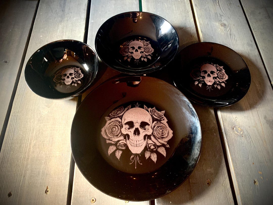 SKULL & ROSE’S Engraved BLACK, Dinnerware, Etched Bowls, Pasta, Rock ...
