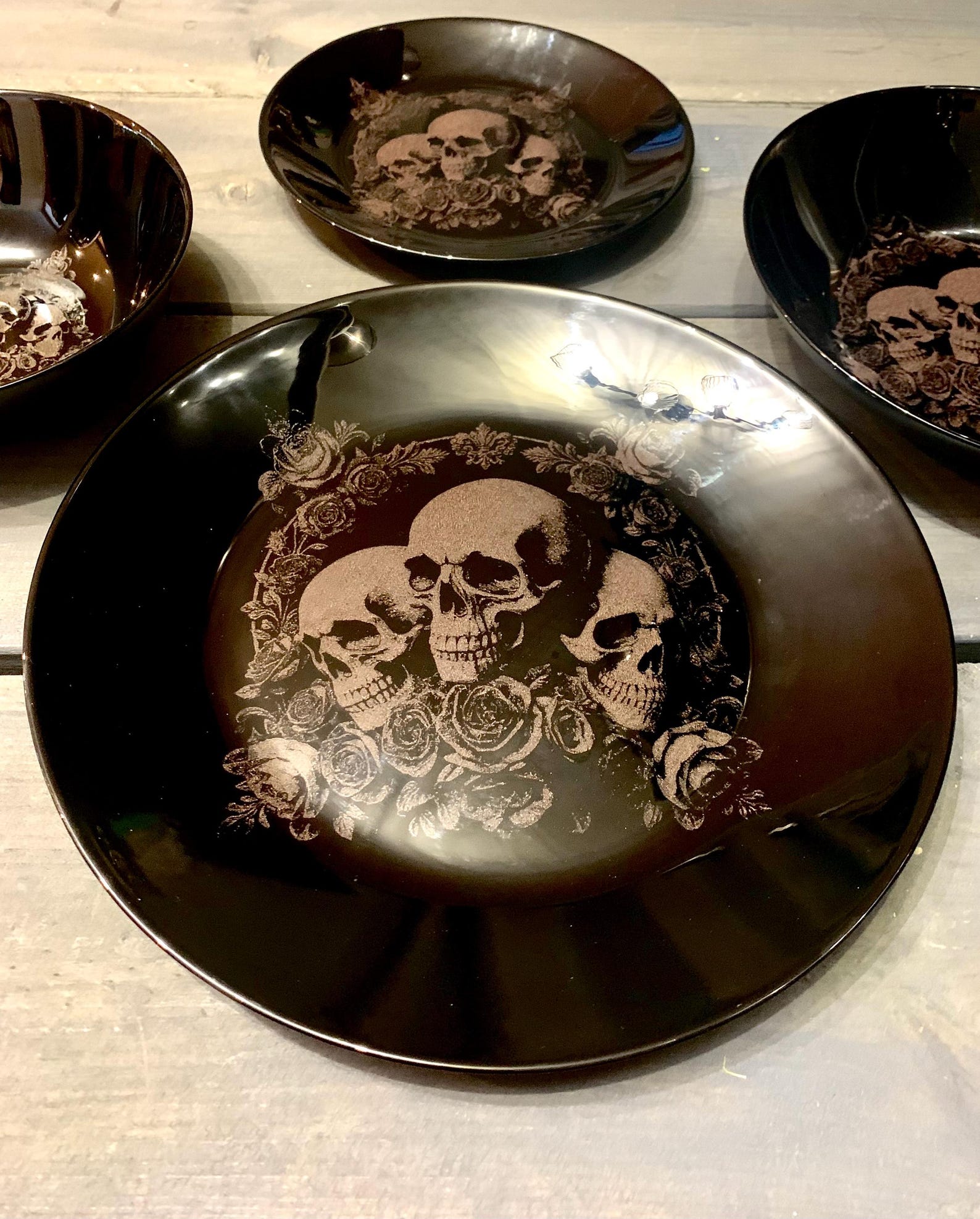 Deluxe SKULL & ROSE Engraved BLACK, Dinnerware, Etched Bowls, Pasta ...