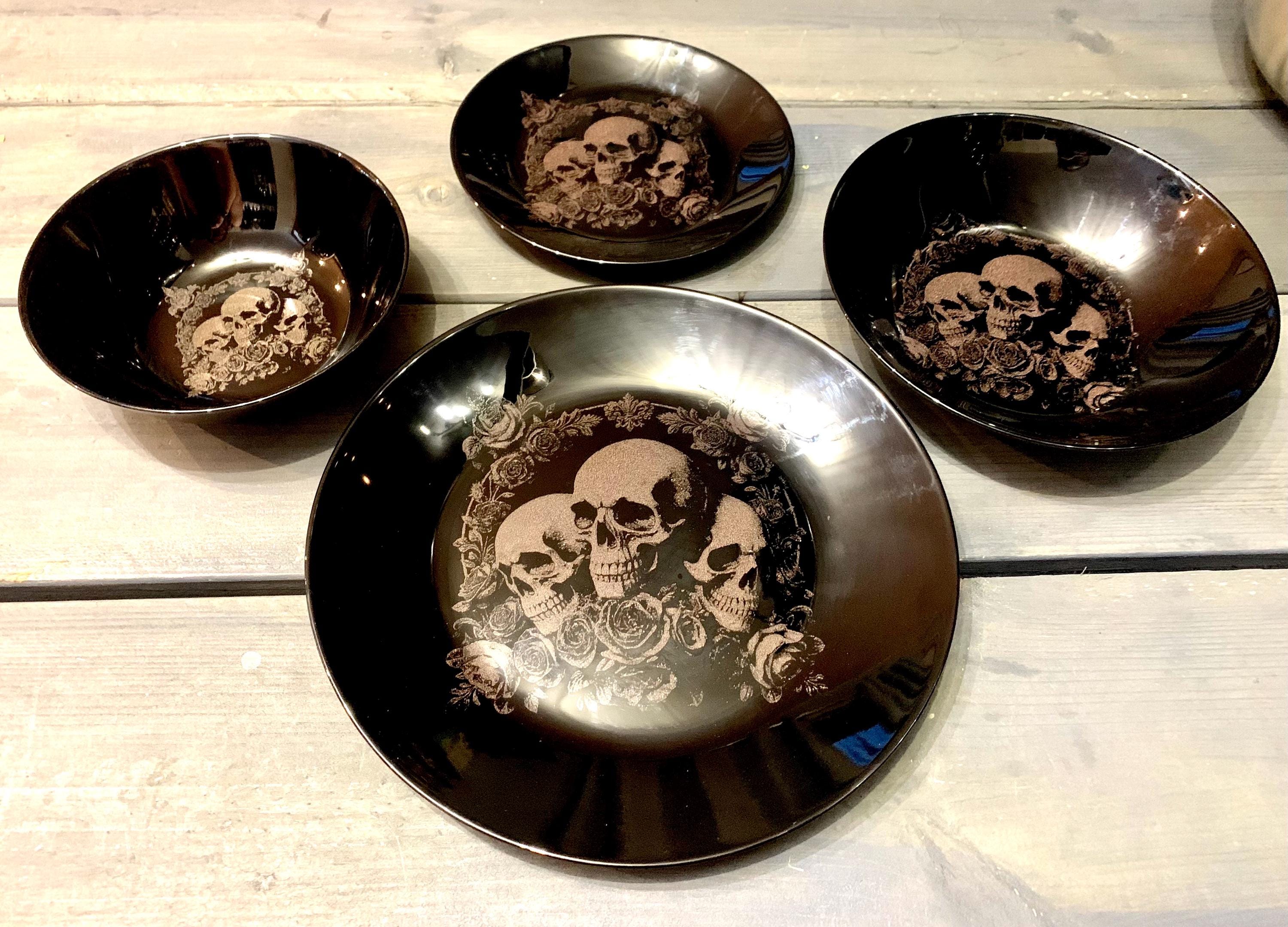 Deluxe SKULL & ROSE Engraved BLACK, Dinnerware, Etched Bowls, Pasta ...