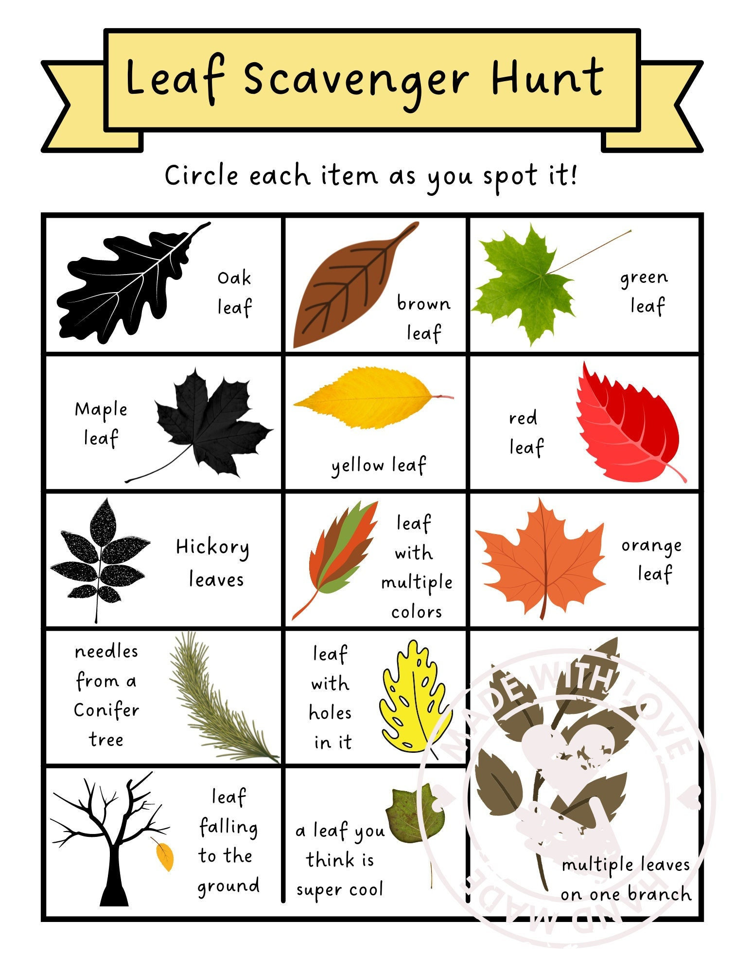 Leaf Scavenger Hunt Downloadable PDF updated - Etsy