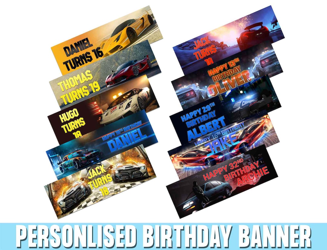 Personalised Birthday Banner Car Design Children Kids Party Decoration ...