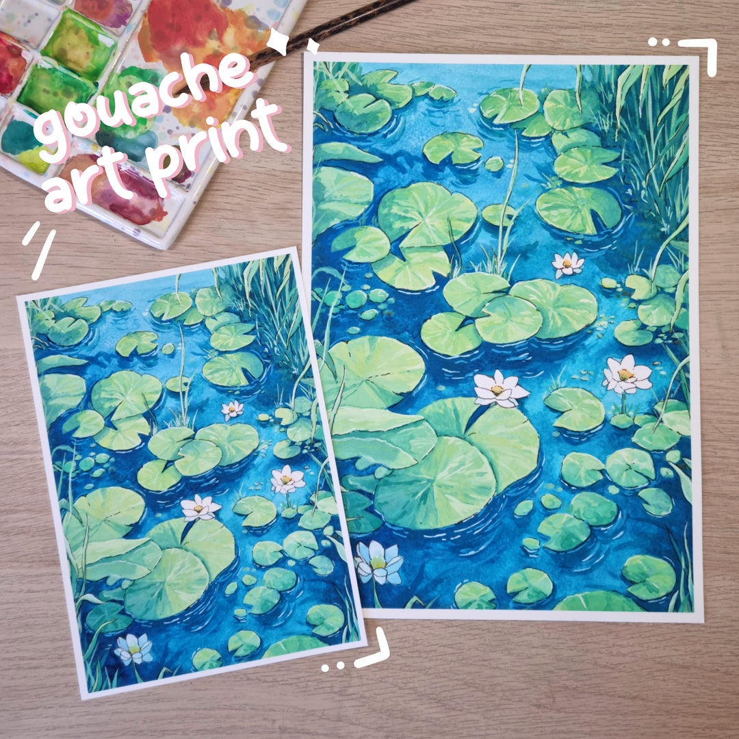 Lily Pond Anime Gouache Print | Gouache Painting | Bedroom Decor | Fine ...