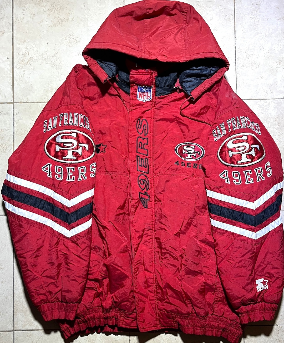 San Francisco 49ers 90s STARTER Puffer Jacket Zip XL Red NFL Pro Line ...