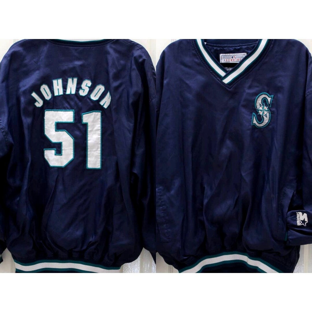 RARE Randy JOHNSON 51 Seattle Mariners 90s STARTER Jacket Pullover L ...
