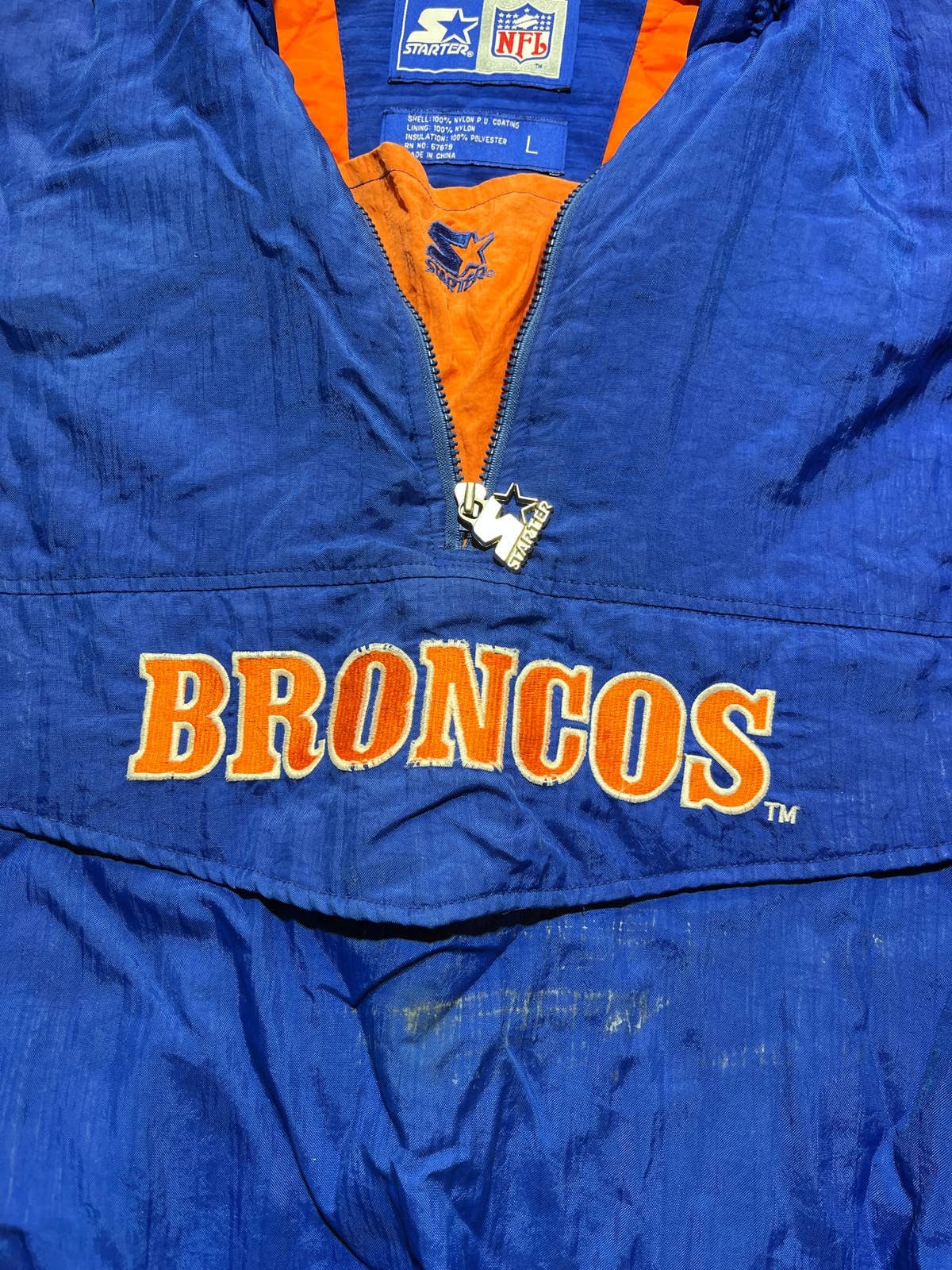 Denver Broncos 90s STARTER Puffer Jacket 1/2 Zip L Blue Orange NFL Pro ...