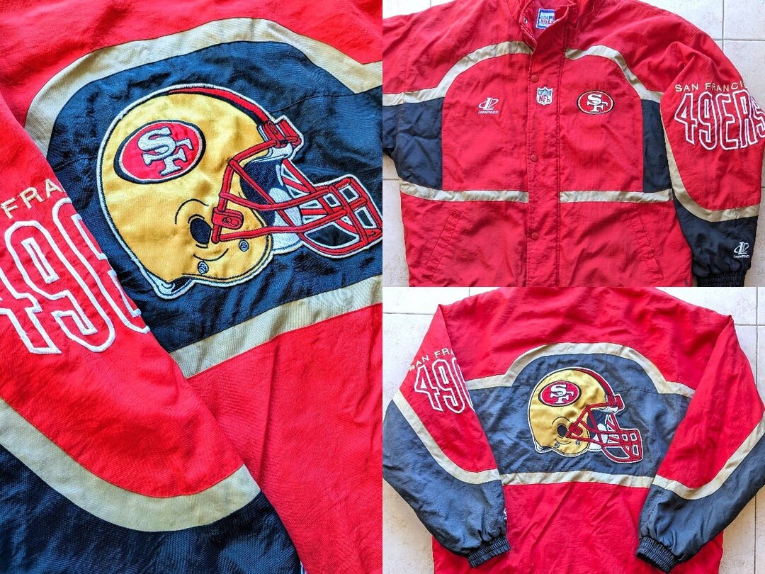 San Francisco 49ers 90s LOGO Athletic Puffer Helmet Jacket L Red Black ...