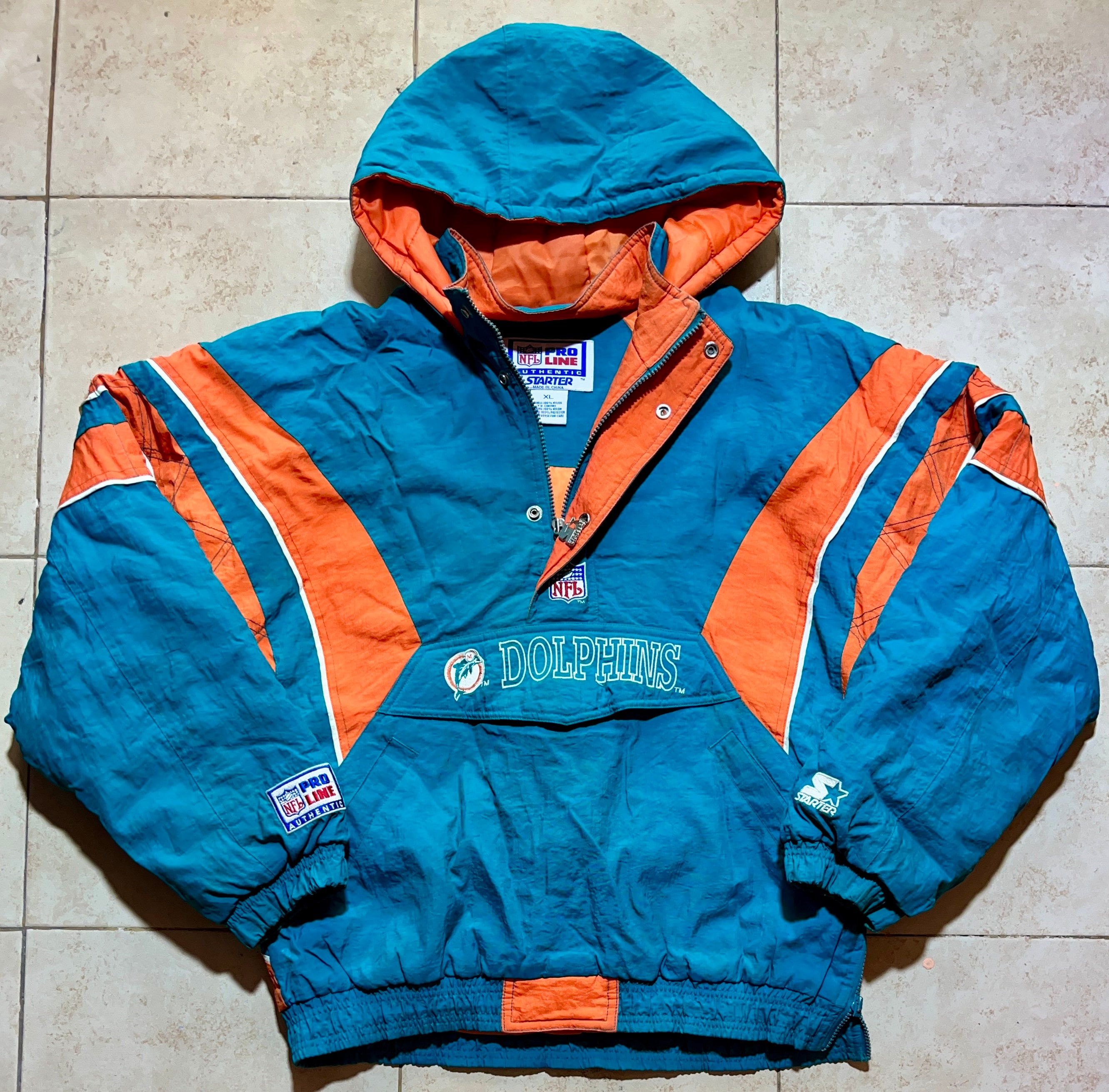 Miami Dolphins 90s STARTER Puffer Breakaway Jacket Yth XL 1/2 Zip NFL ...