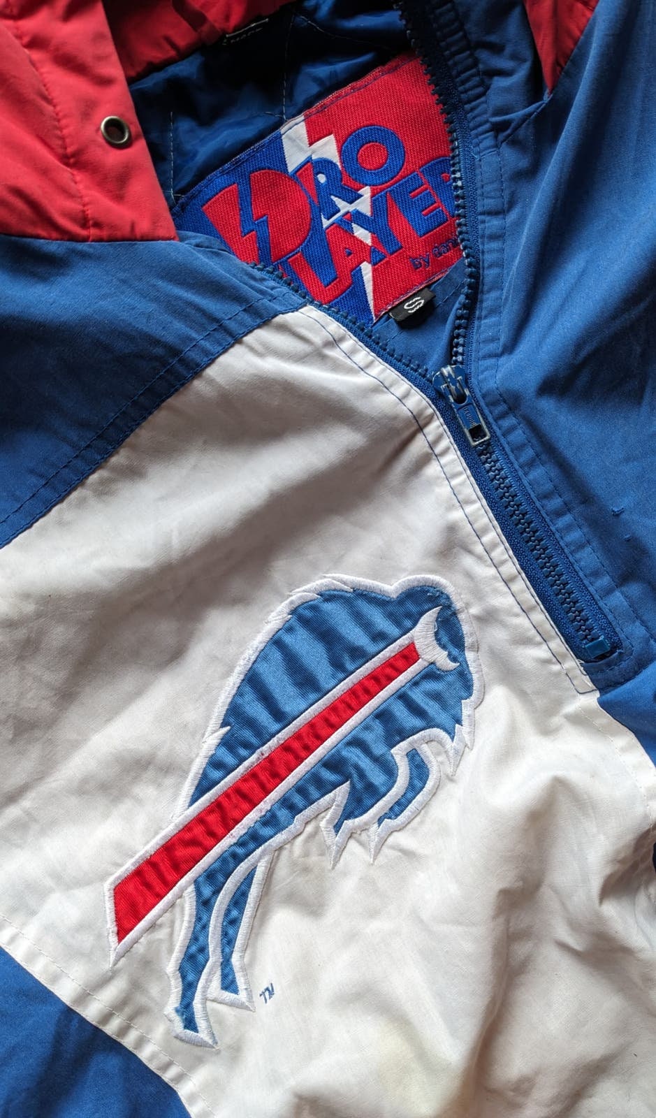 Buffalo Bills 90s PRO Player Puffer Jacket 1/2 Zip S Hood Blue White ...