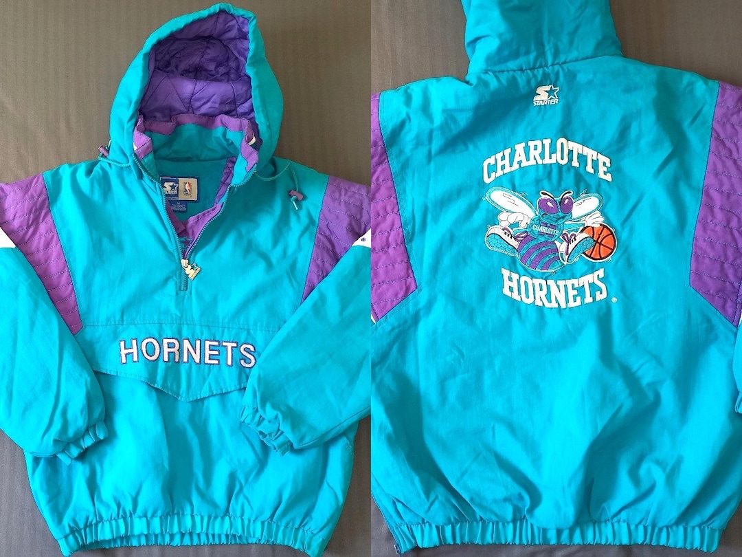Charlotte Hornets 90s STARTER 1/2 Zip Puffer Jacket Teal Purple M Hood ...