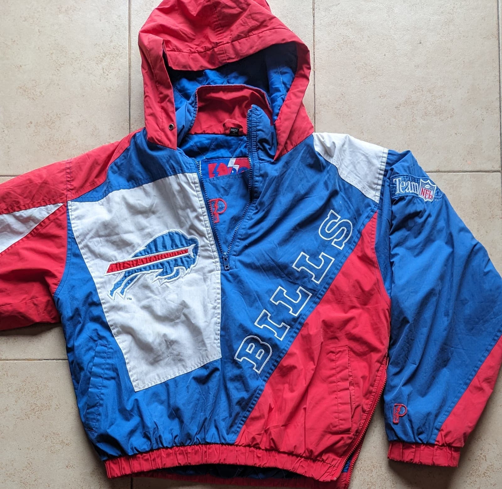 Buffalo Bills 90s PRO Player Puffer Jacket 1/2 Zip S Hood Blue White ...