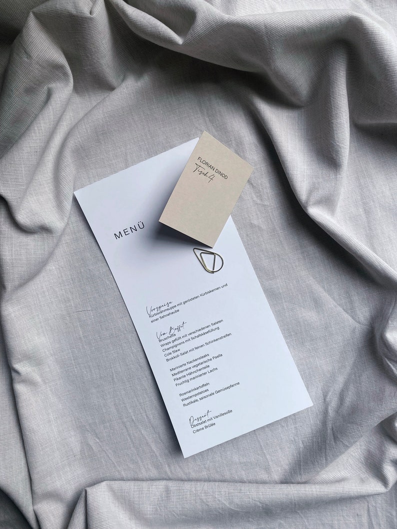 Menu Card With Integrated Name Plate | Golden Teardrop Clip - Etsy