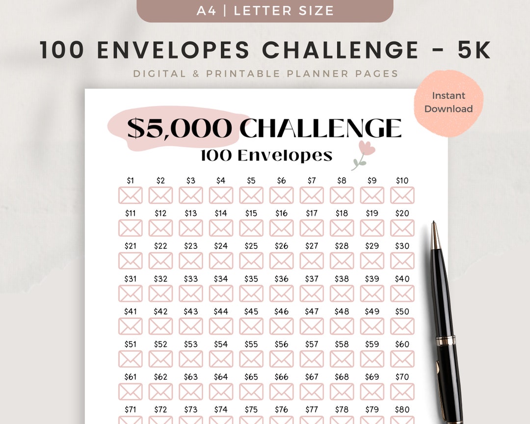 100 Envelopes Challenge, 5K Printable Savings Goal, Envelope Challenge ...
