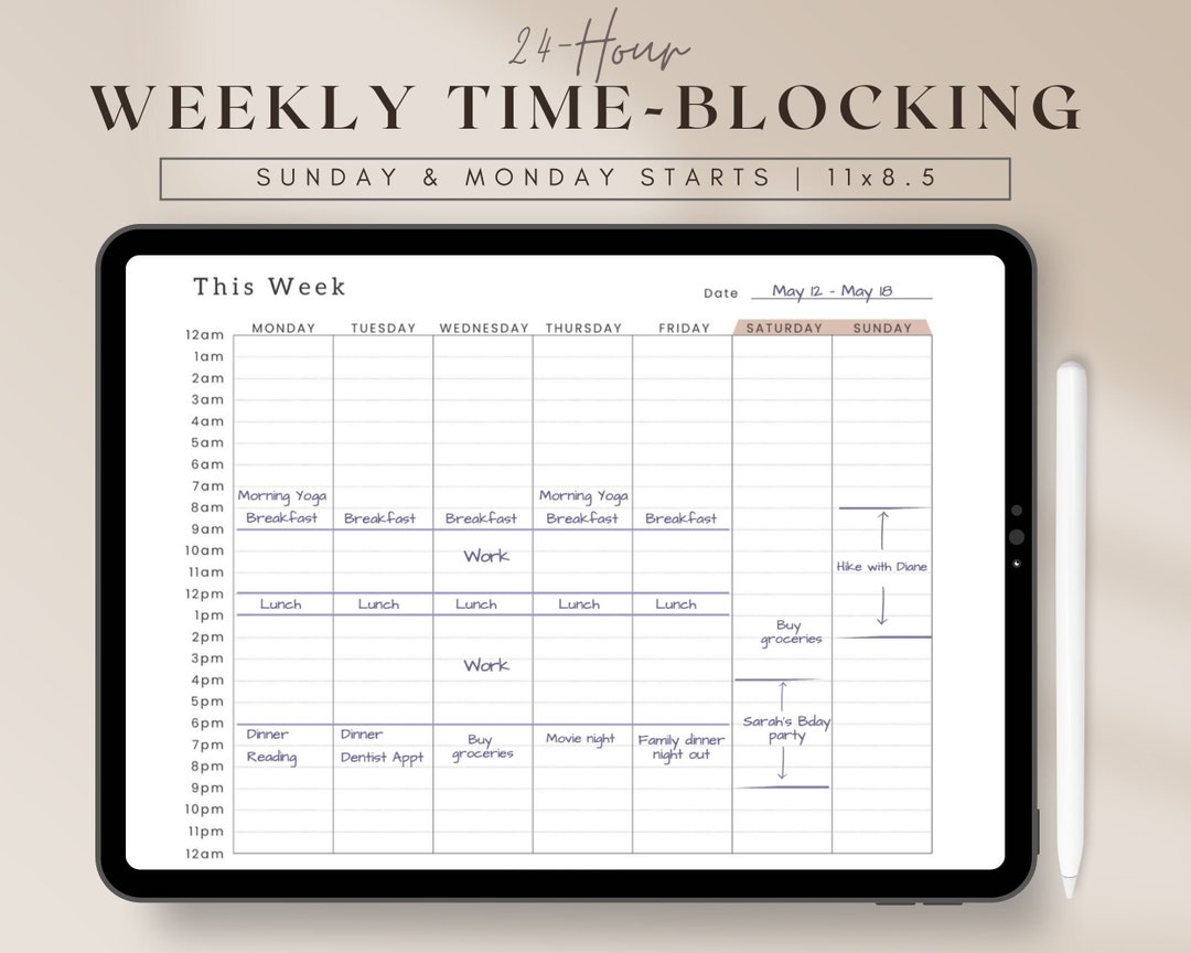 24 Hour Weekly Schedule, Time Blocking Digital Planner, Week at a ...