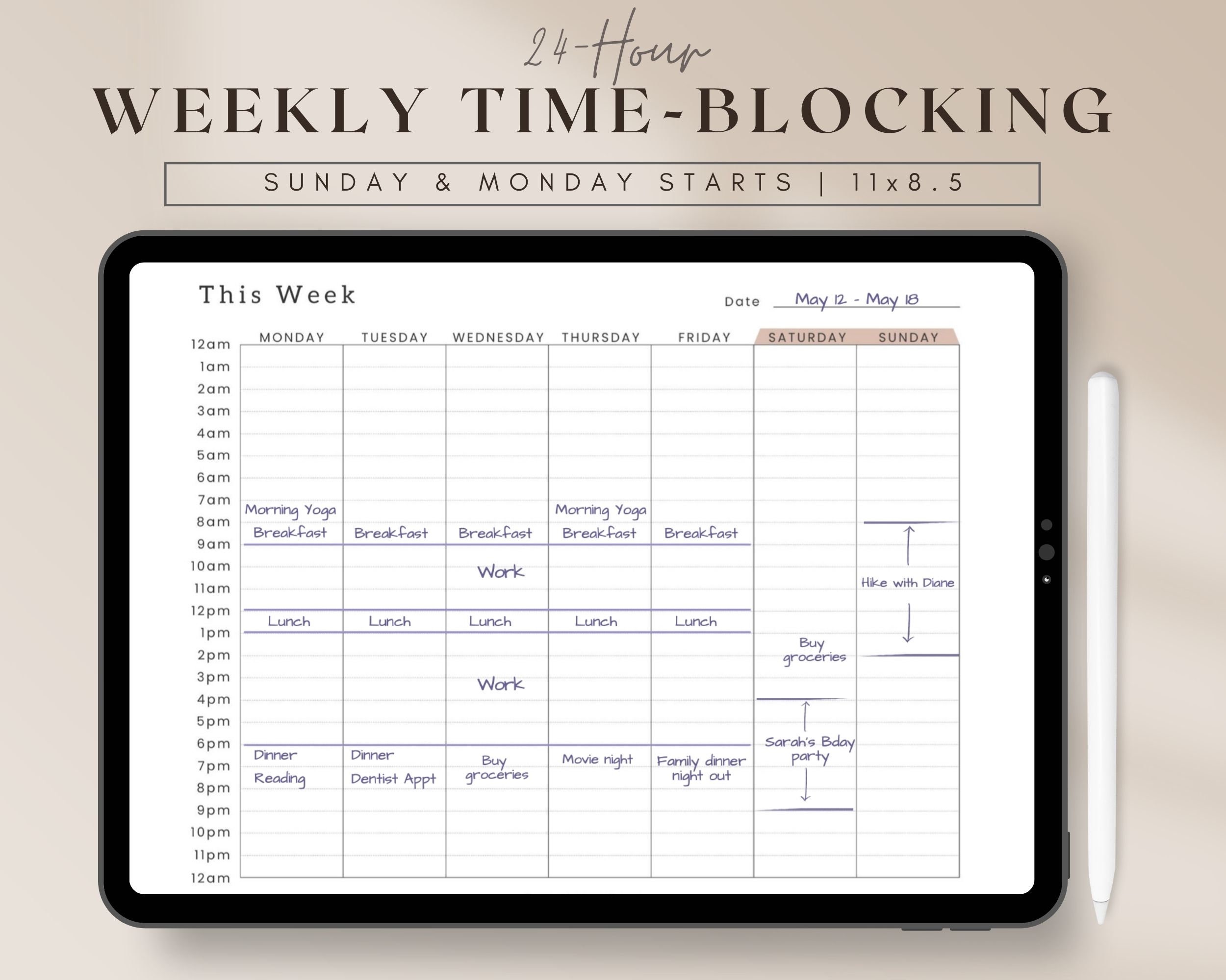 24 Hour Weekly Schedule, Time Blocking Digital Planner, Week at a ...