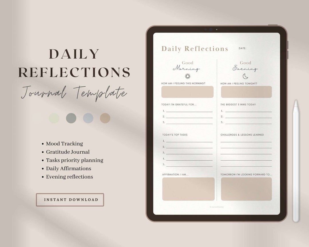 Digital Daily Reflection Journal Template, Gratitude Journal, Bedtime ...