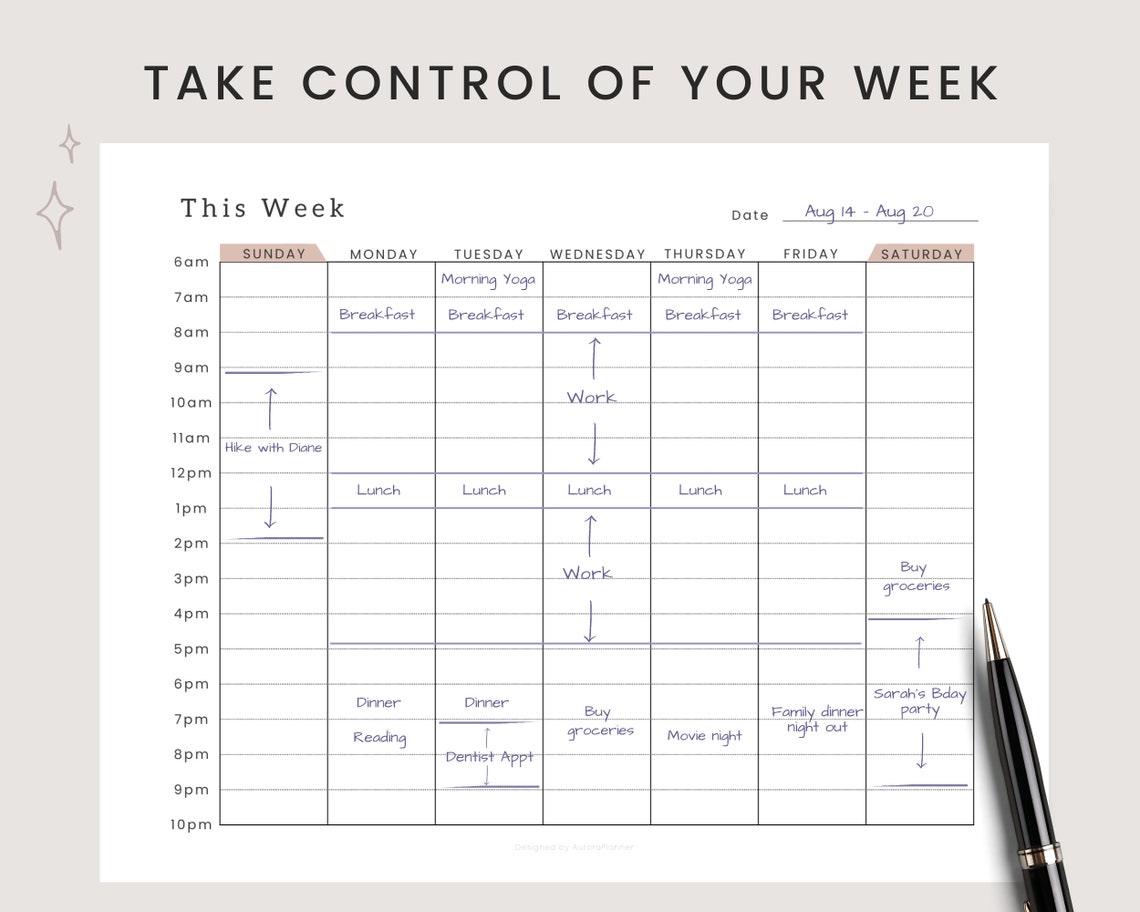 Hourly Weekly Planner Printable, Time Blocking, Time Blocking Digital ...