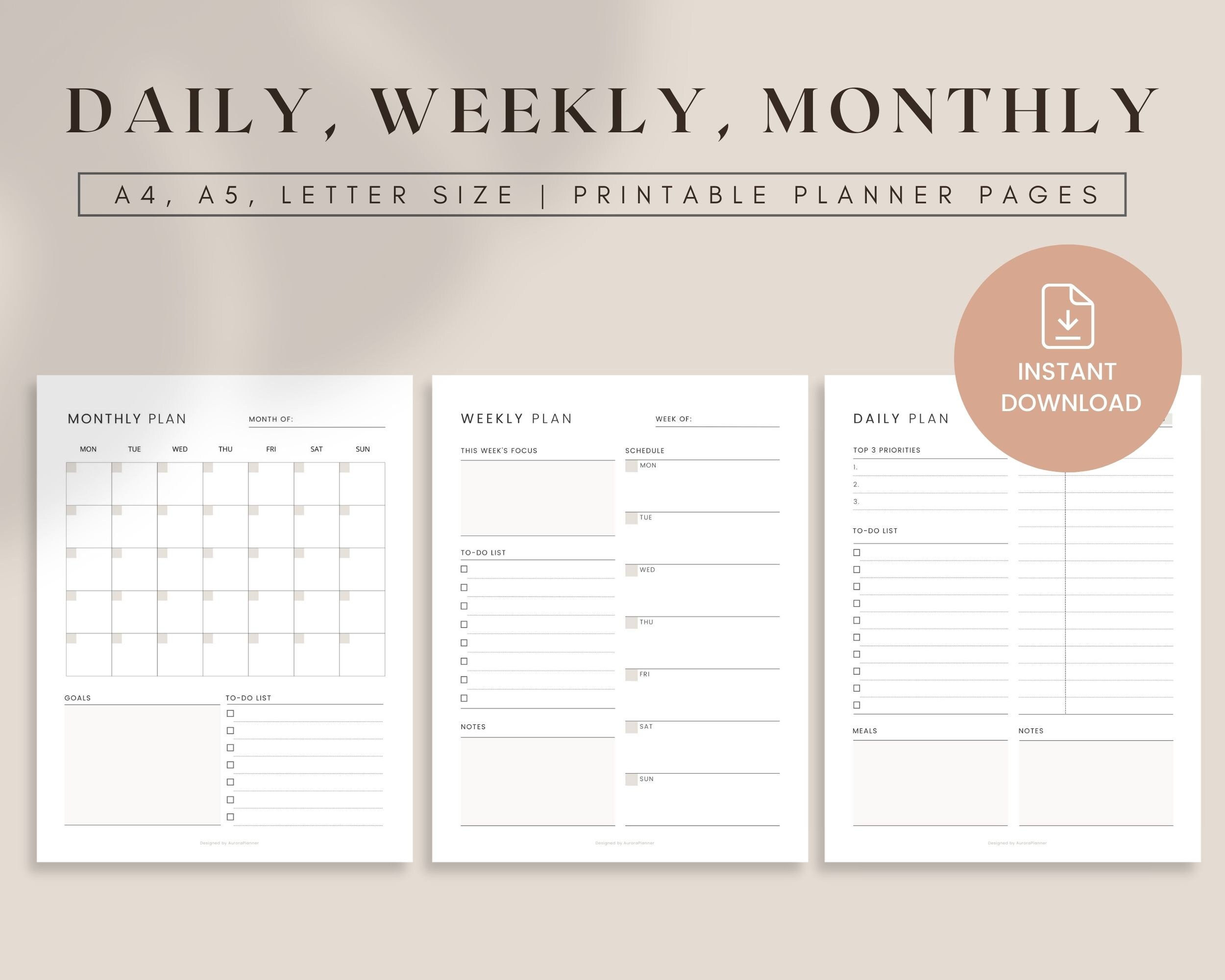 Daily Weekly Monthly Printable Planner, Personal Planner Bundle ...