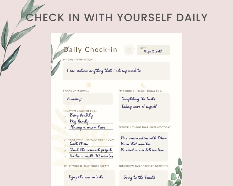 Daily Check in Digital & Printable Journal Mindfulness Self - Etsy