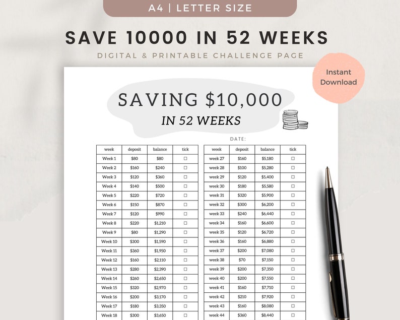 52-week Savings Challenge Printable, Digital Money Savings Tracker ...