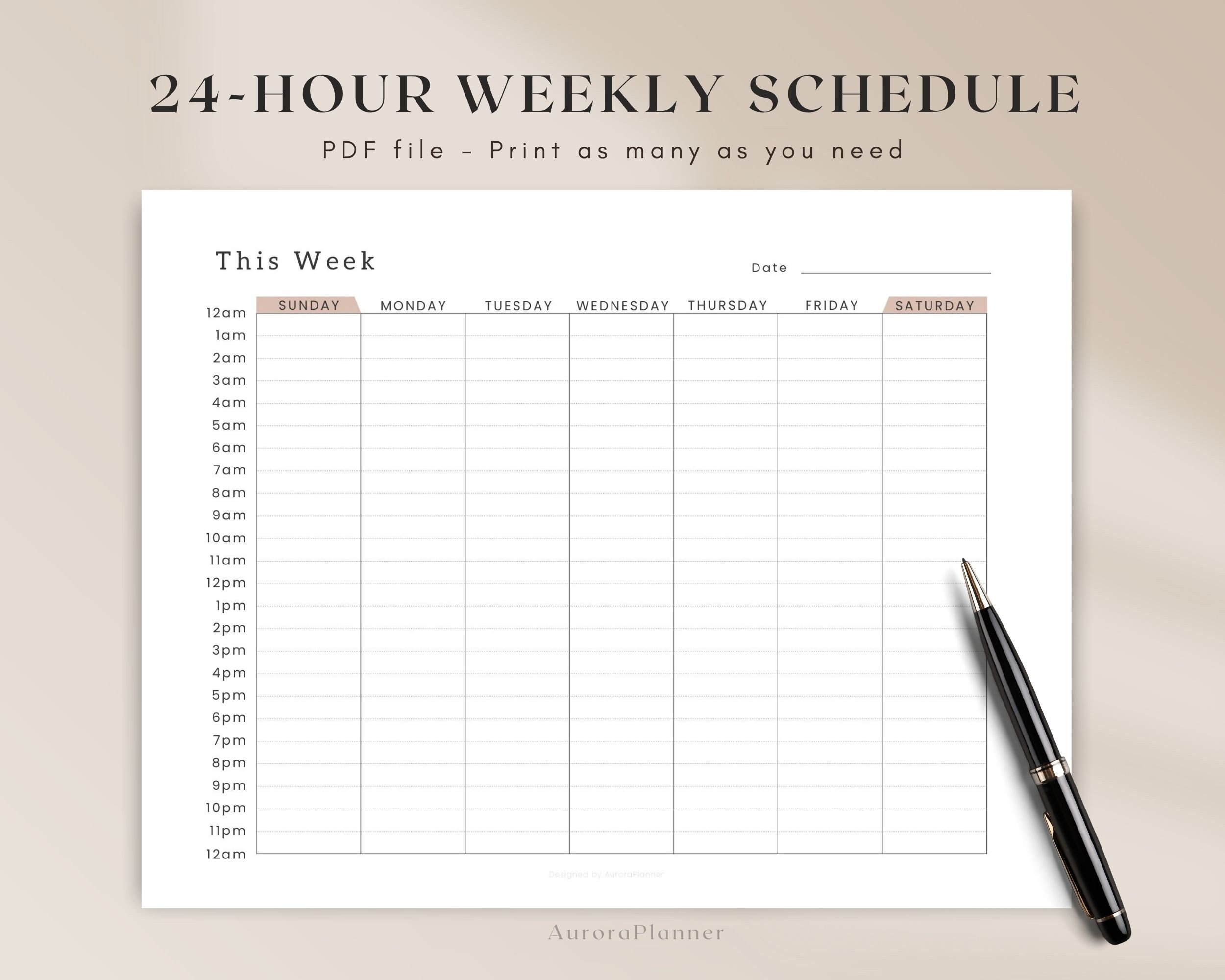 24 Hour Weekly Schedule, Time Blocking Digital Planner, Week at a ...