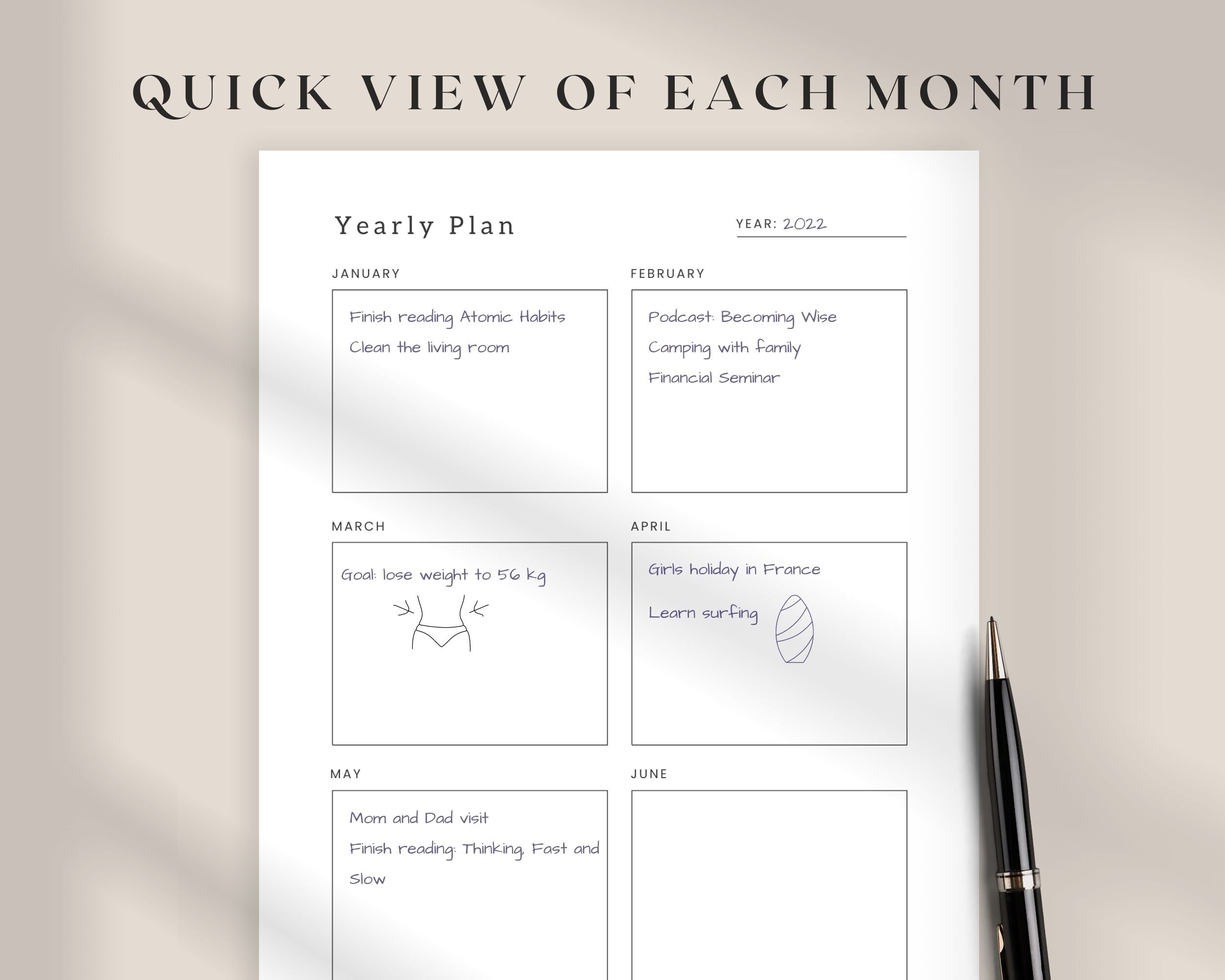Any Year at a Glance, Printable Yearly Planner on One Page, Yearly Goal ...