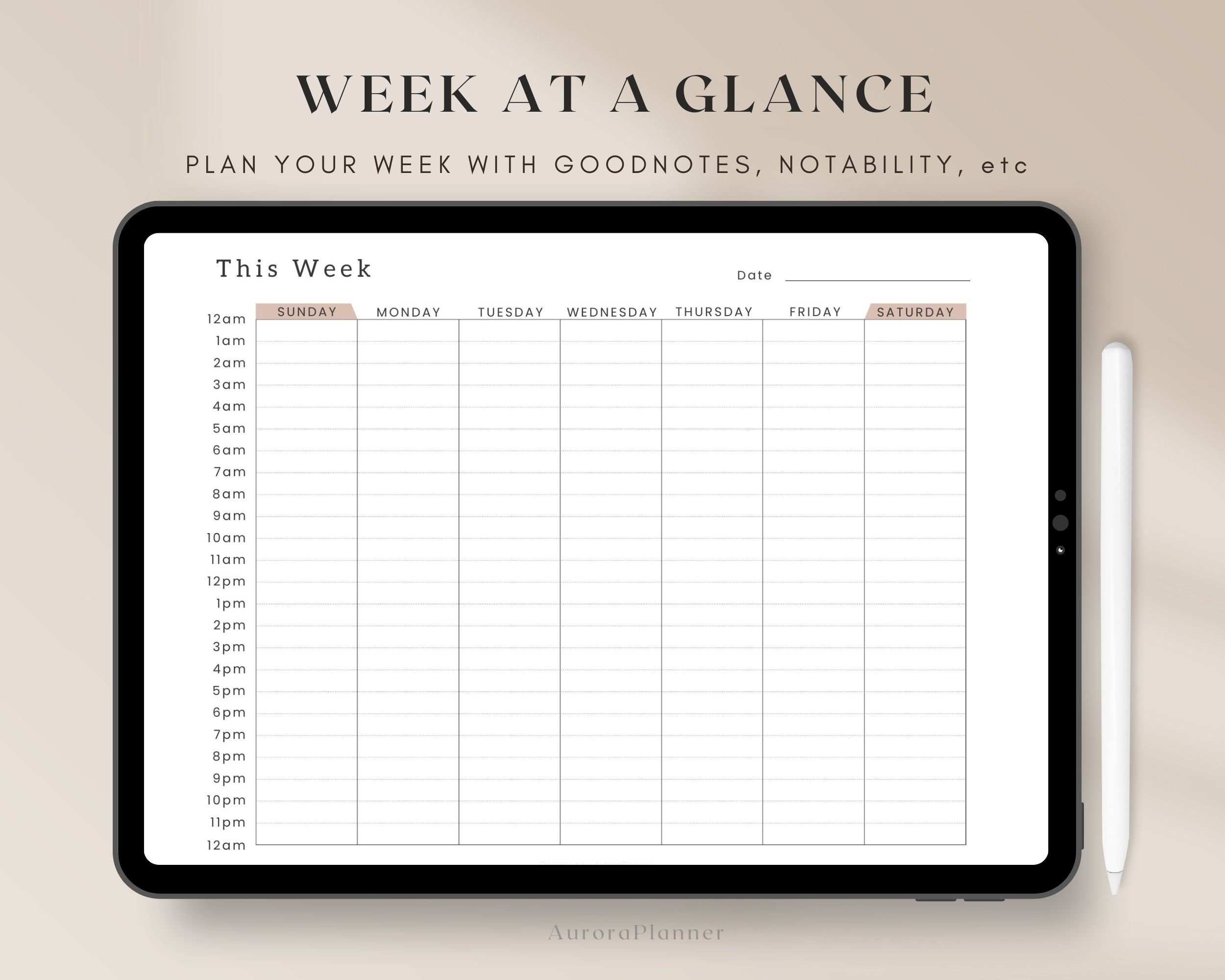 24 Hour Weekly Schedule, Time Blocking Digital Planner, Week at a ...