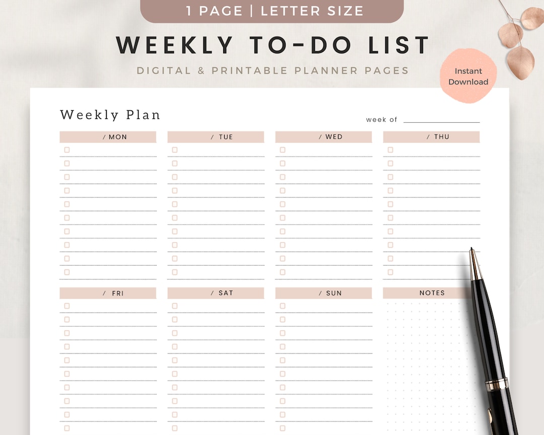 Weekly To-do List, Weekly Schedule, Weekly Checklist Planner, Weekly ...