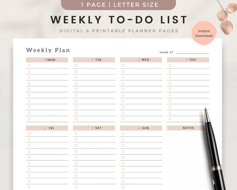 Weekly To-do List, Weekly Schedule, Weekly Checklist Planner, Weekly ...