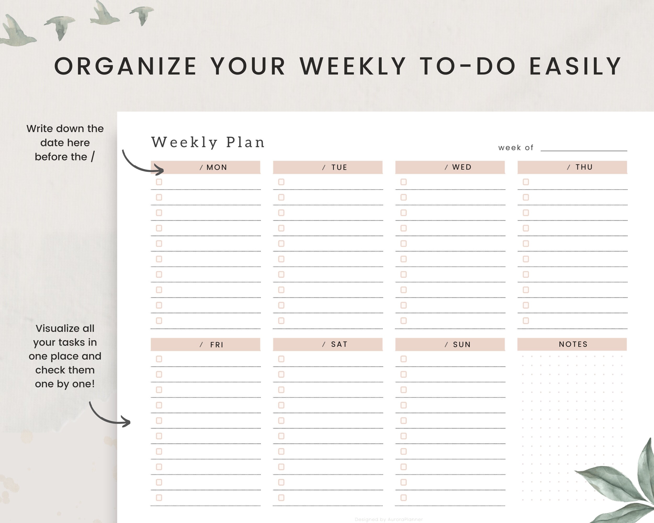 Weekly To-do List, Weekly Schedule, Weekly Checklist Planner, Weekly ...