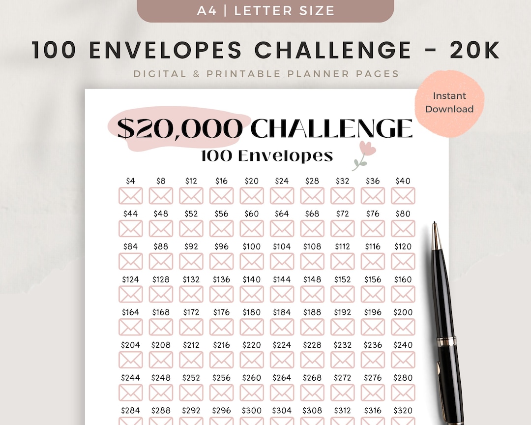100 Envelopes Challenge, 20K Printable Savings Goal, Envelope Challenge ...