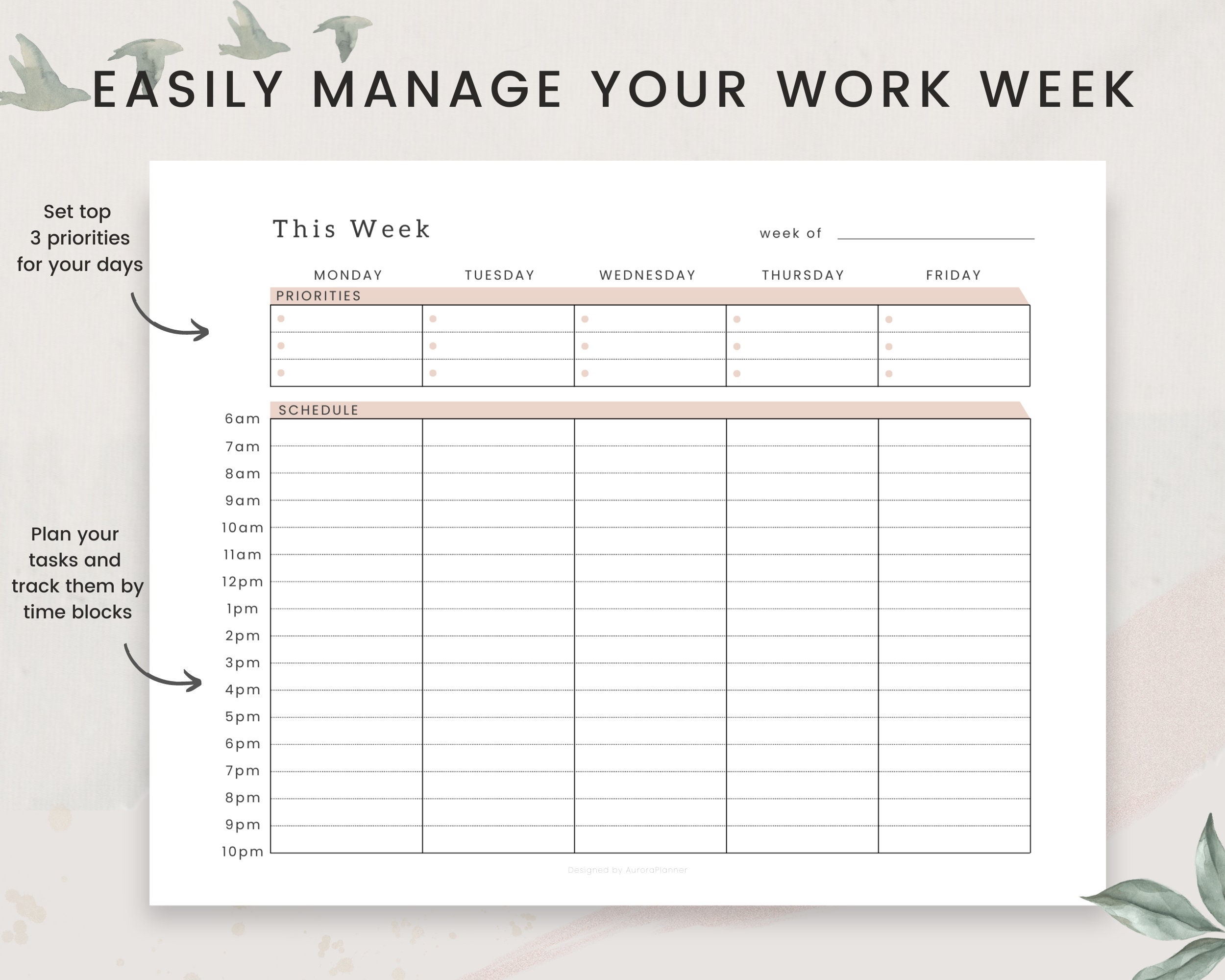 Work Week Time Blocking Planner Printable, Time Blocking Pdf, Weekly ...
