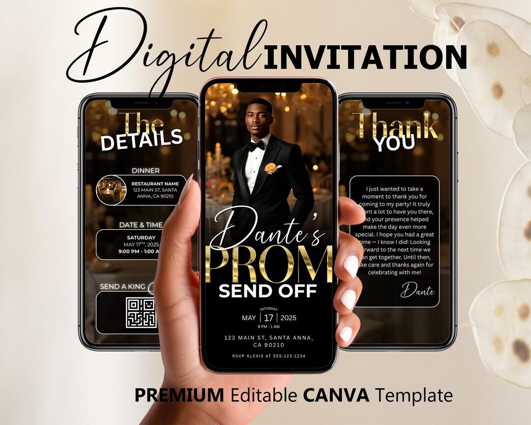 Prom Send off Digital Invitation, Black Gold Boys Editable Flyer ...