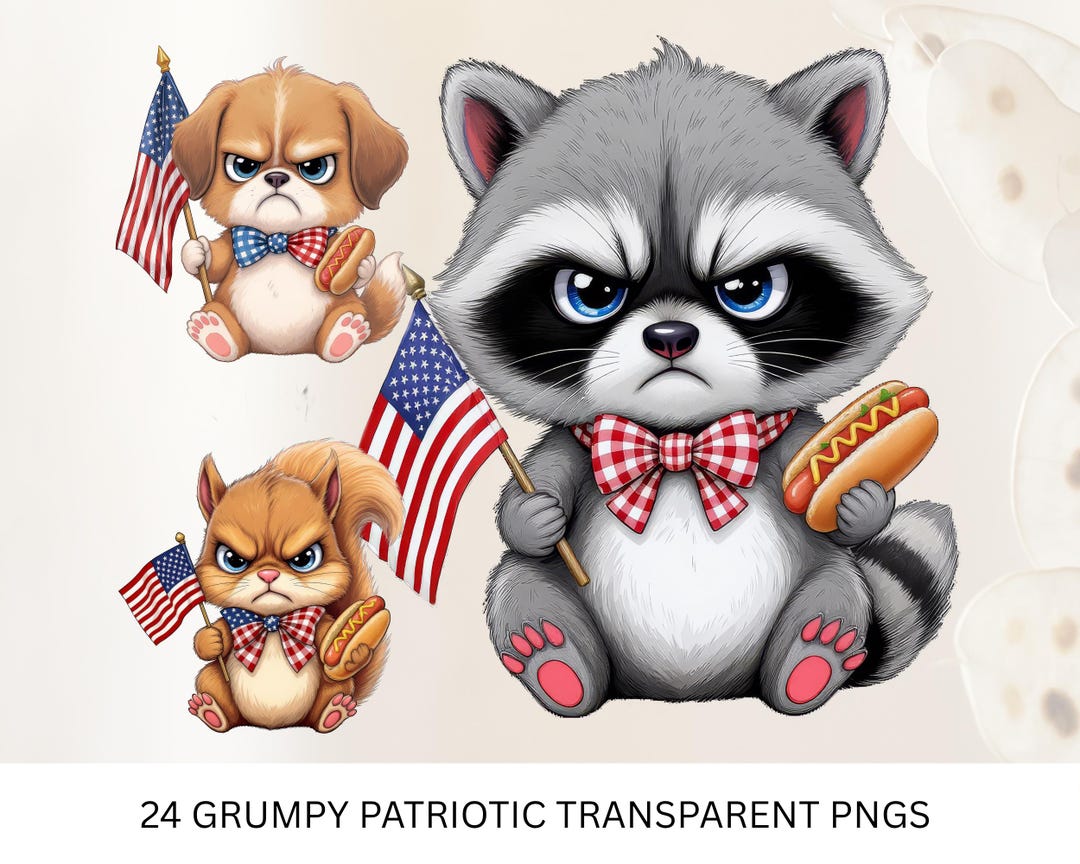 24 Patriotic 4th of July Grumpy Animal Clipart PNG Bundle, PNG Funny ...