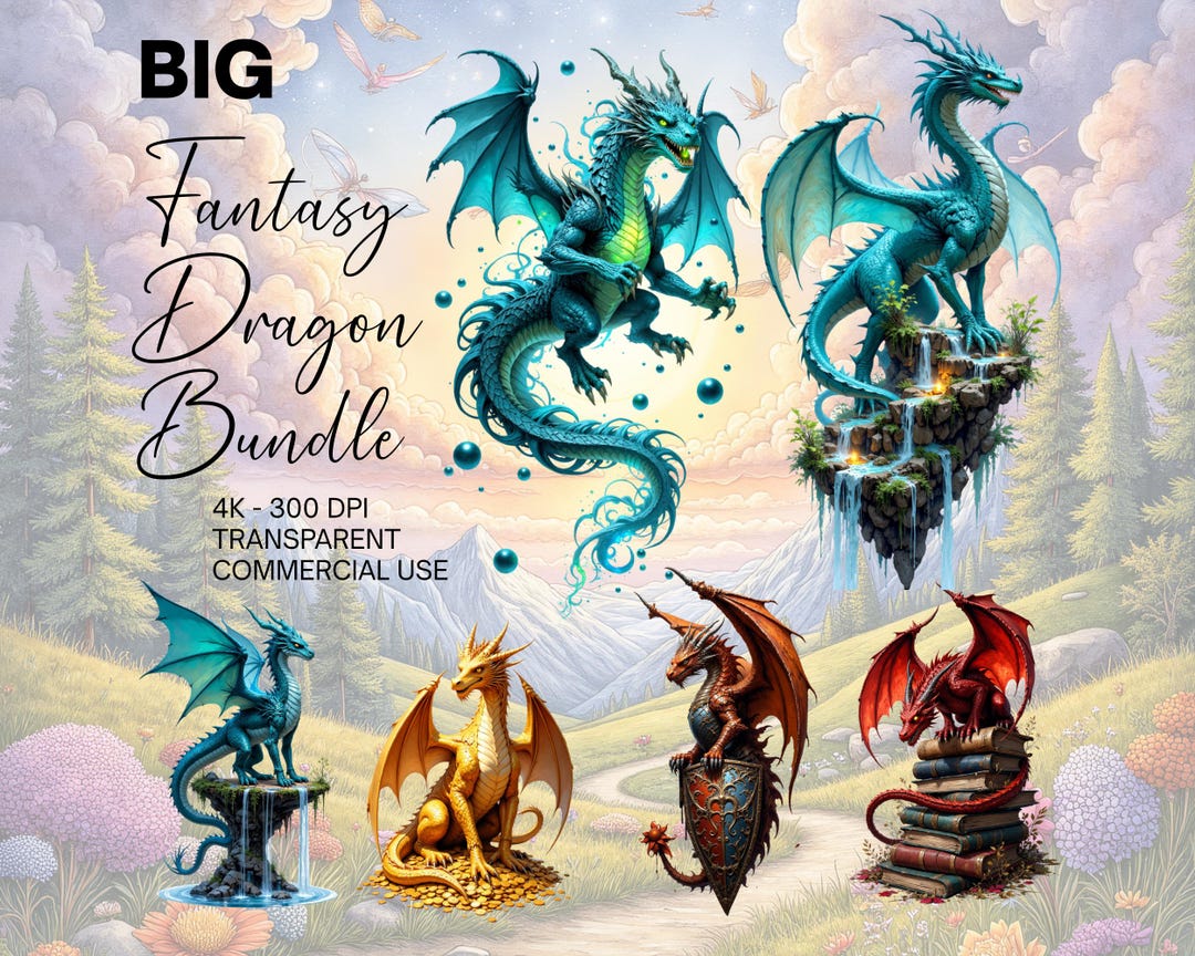 Fantasy Dragons Clipart Bundle, Fairy Tale 68 PNG Illustrations ...