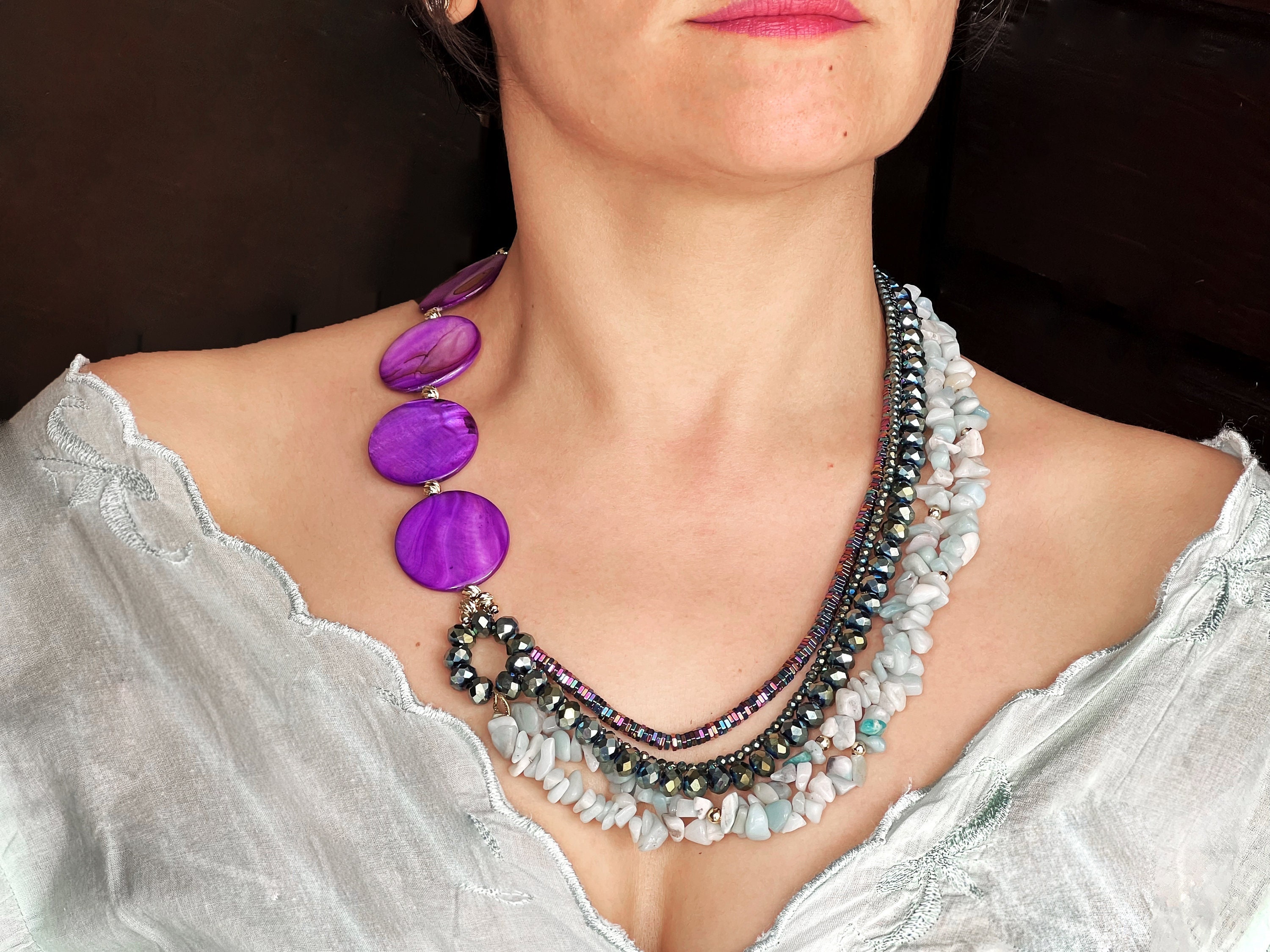 Chunky Multi Strand Flashy Fuchsia Necklace Statement Gemstone Bead ...