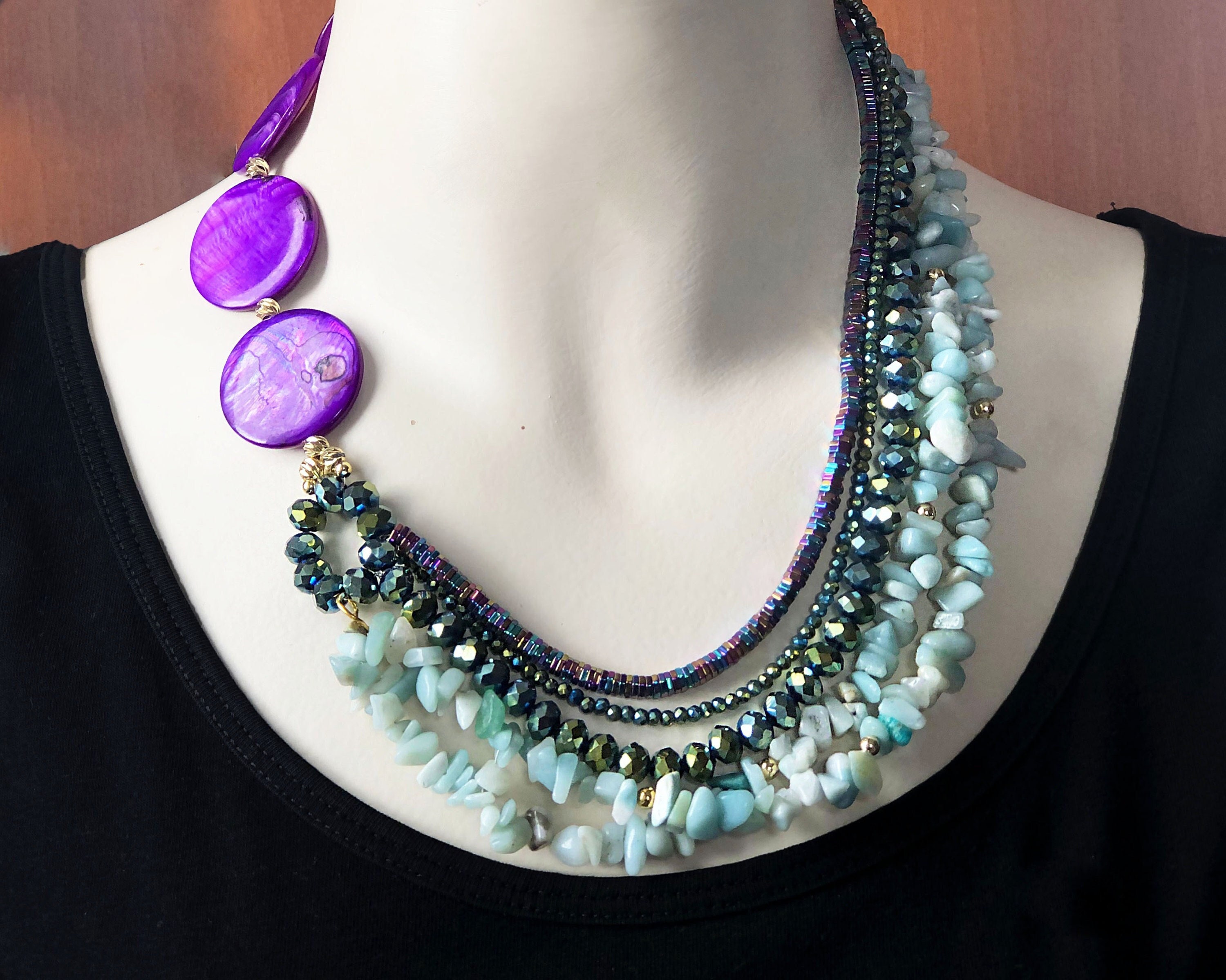 Chunky Multi Strand Flashy Fuchsia Necklace Statement Gemstone Bead ...