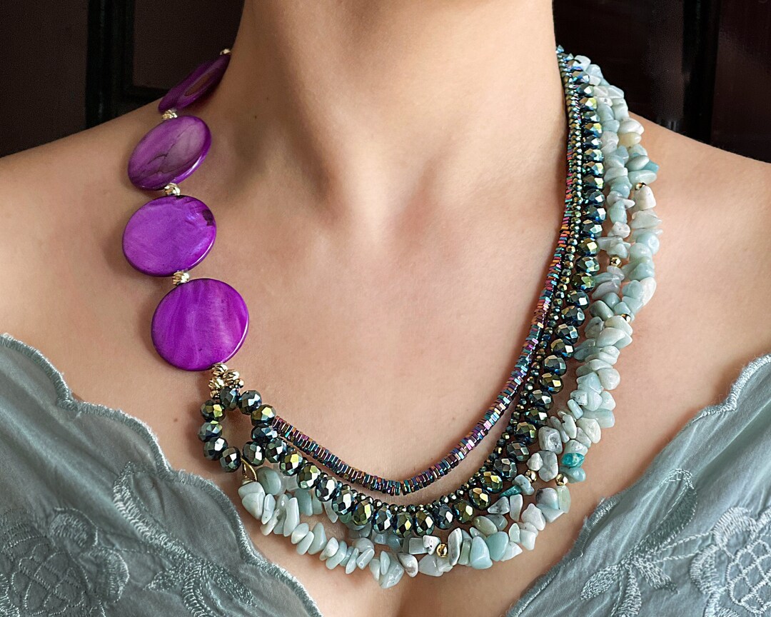 Chunky Multi Strand Flashy Fuchsia Necklace Statement Gemstone Bead ...