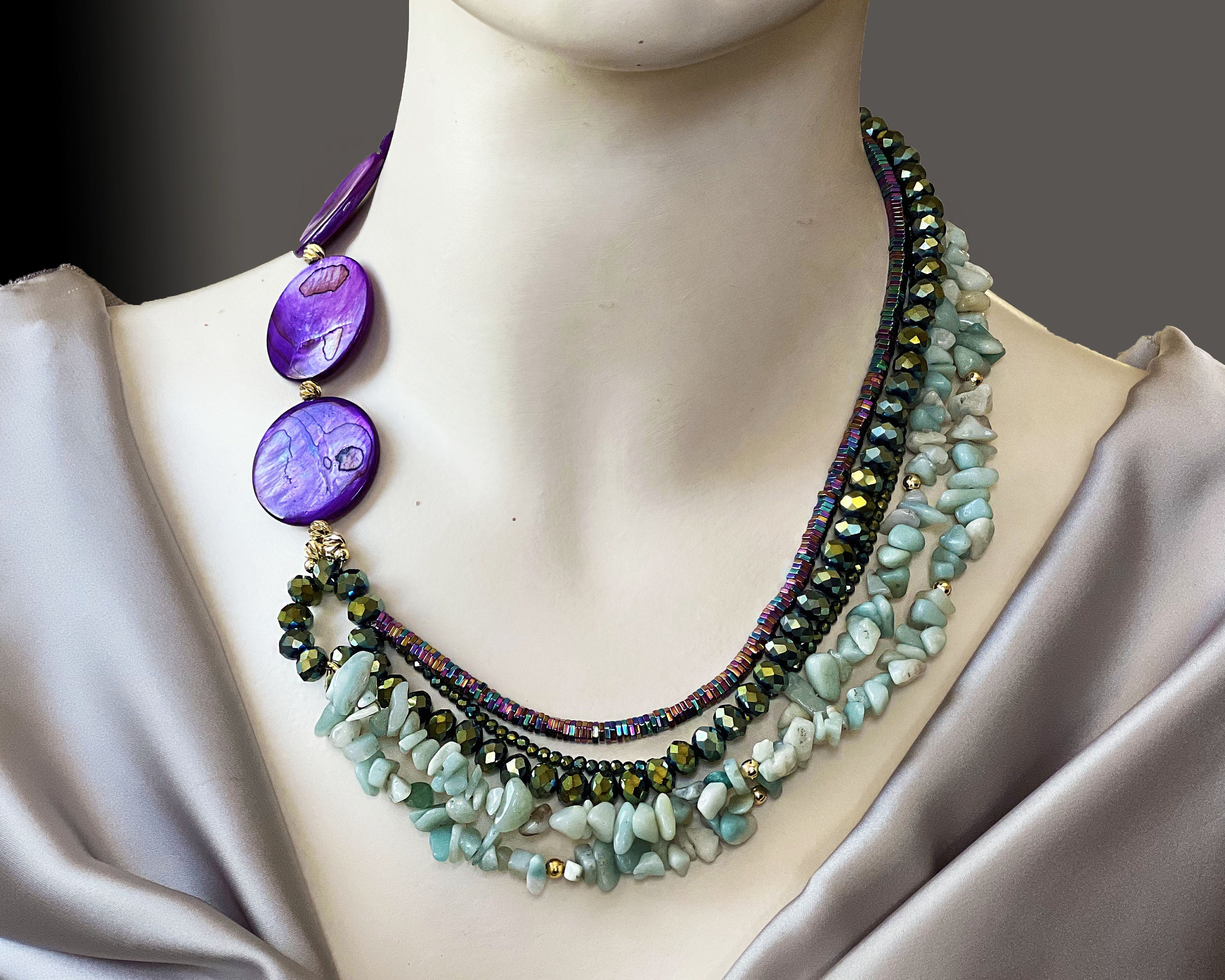 Chunky Multi Strand Flashy Fuchsia Necklace Statement Gemstone Bead ...