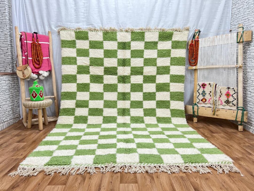 Large Green and White Checkered Rug, Moroccan Berber Checkered Rug ...