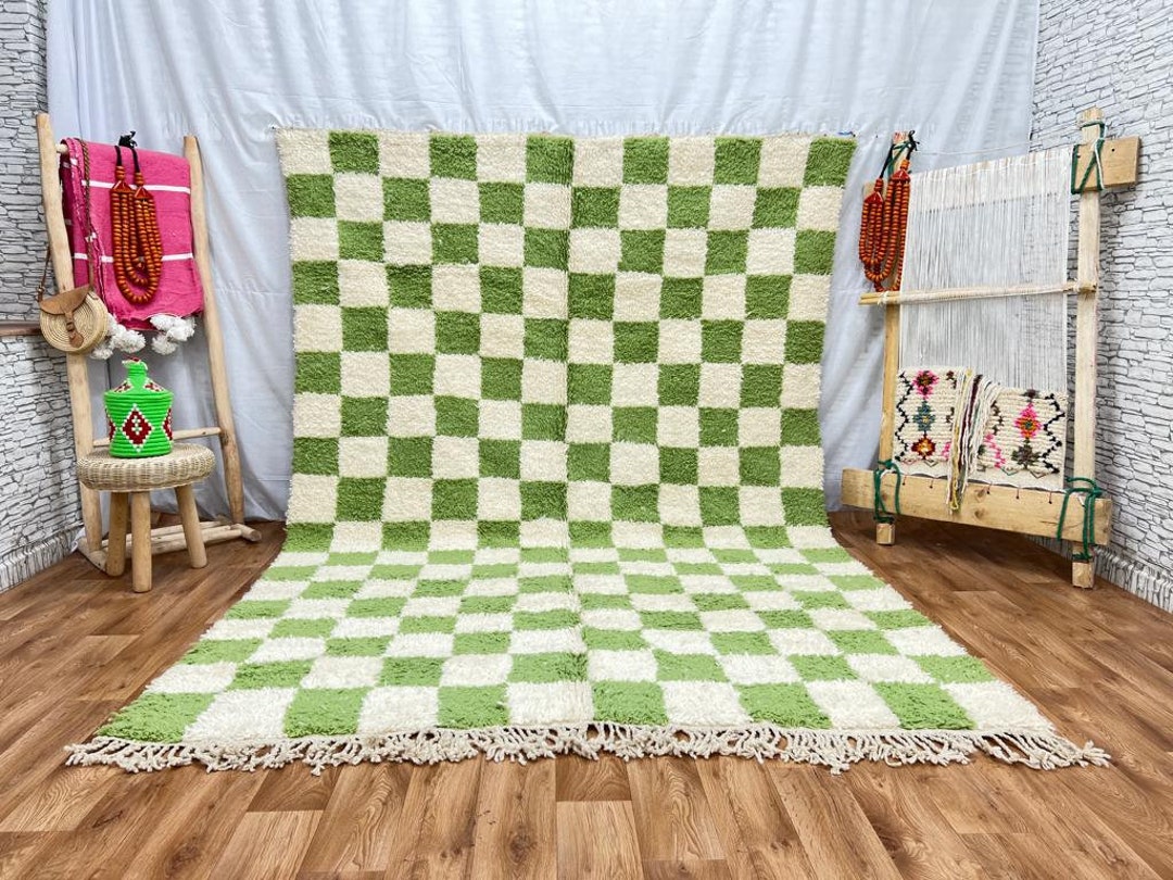 Large Green and White Checkered Rug, Moroccan Berber Checkered Rug ...