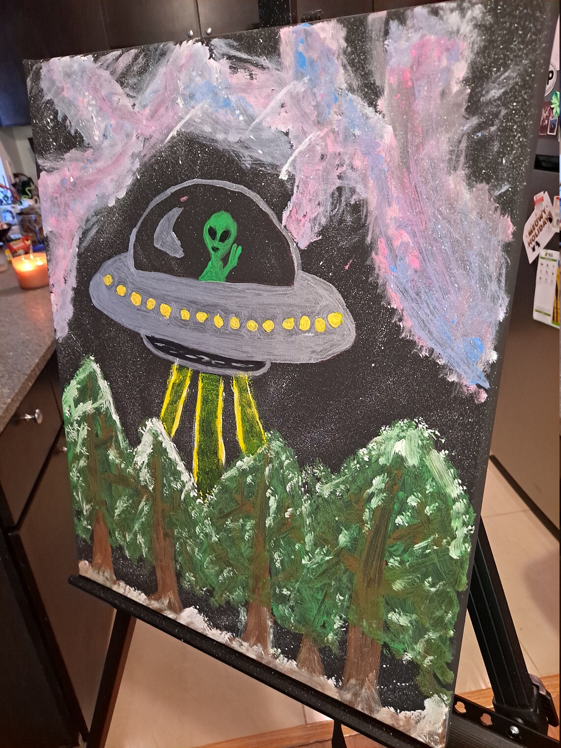Night Sky Space Alien, Original 16x20 Canvas Painting, Home and Game ...
