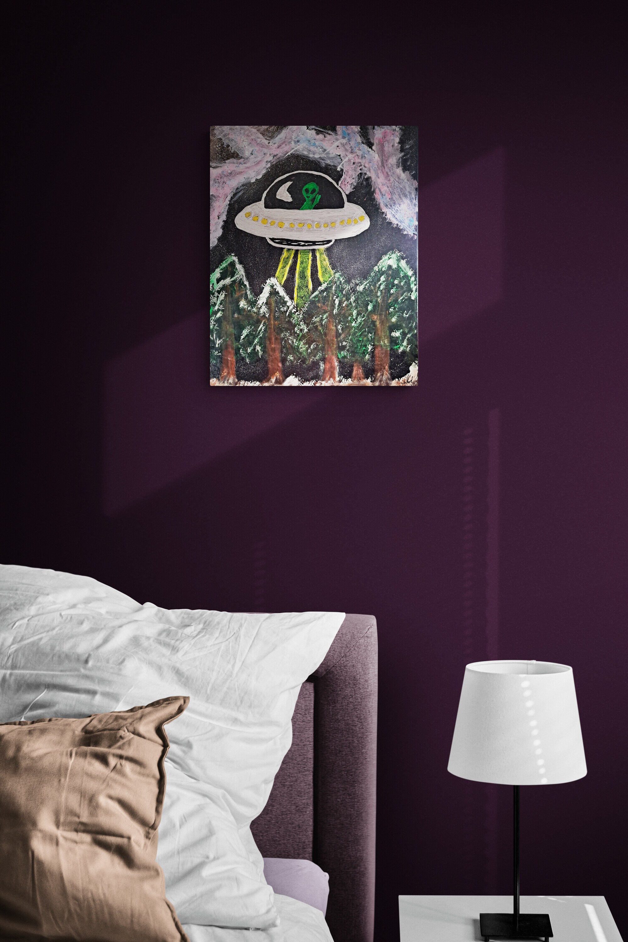 Night Sky Space Alien, Original 16x20 Canvas Painting, Home and Game ...