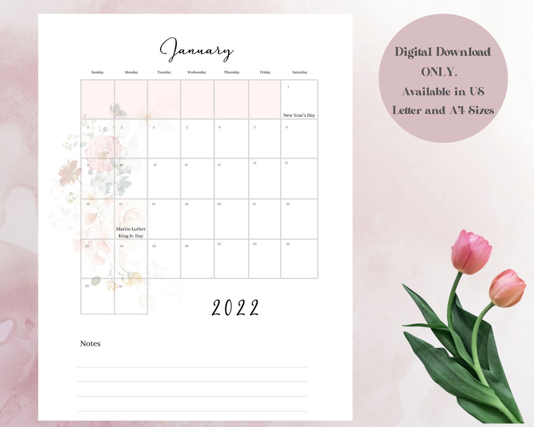2022 Printable Floral Calendar - Portrait - Etsy