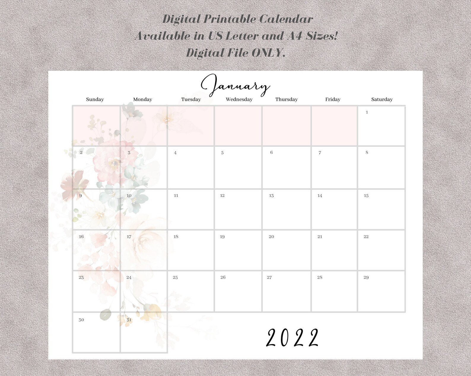 2022 Printable Floral Calendar - Landscape - Etsy