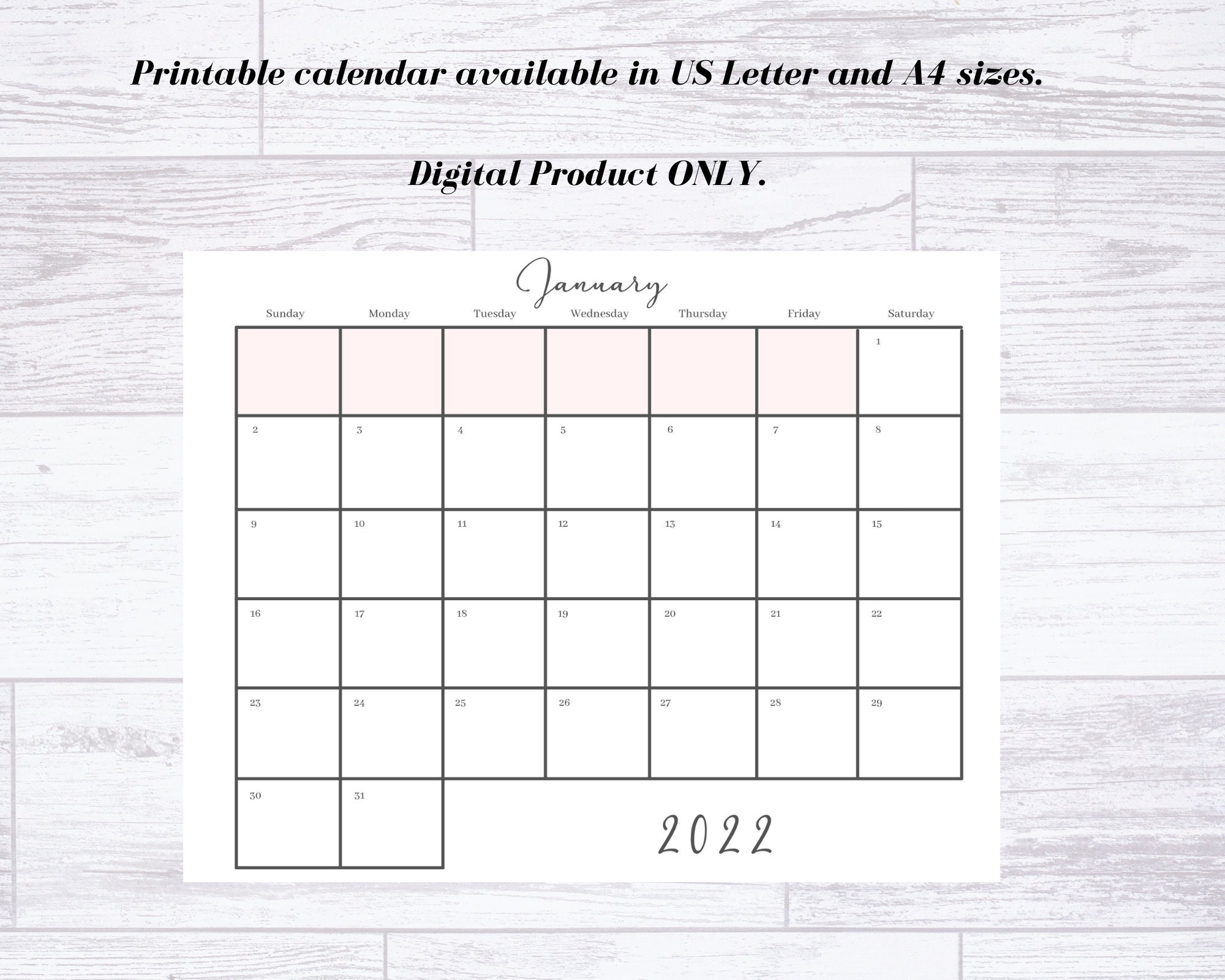 2022 Printable Minimalist Calendar Dark Grey - Landscape - Etsy