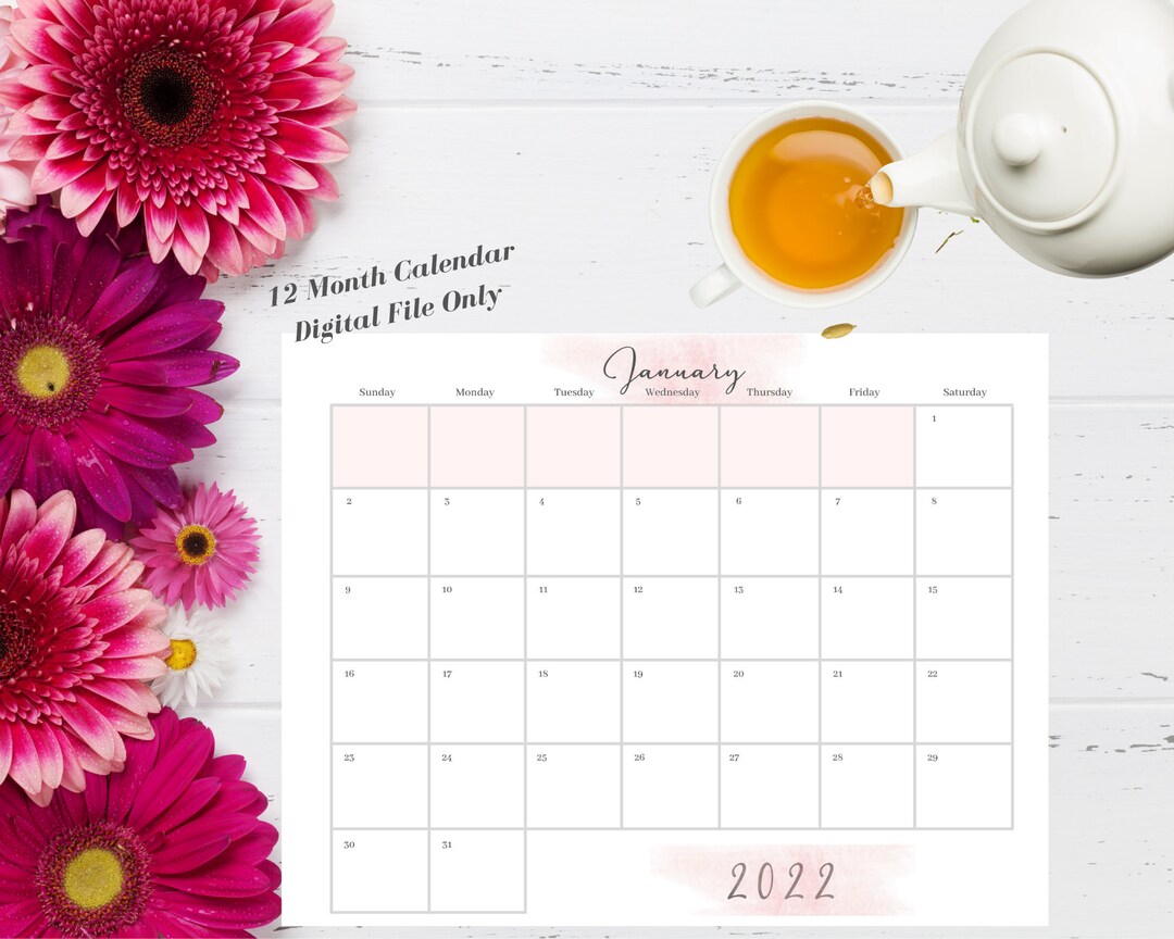 2022 Printable Pink and Gray Calendar - Landscape - Etsy